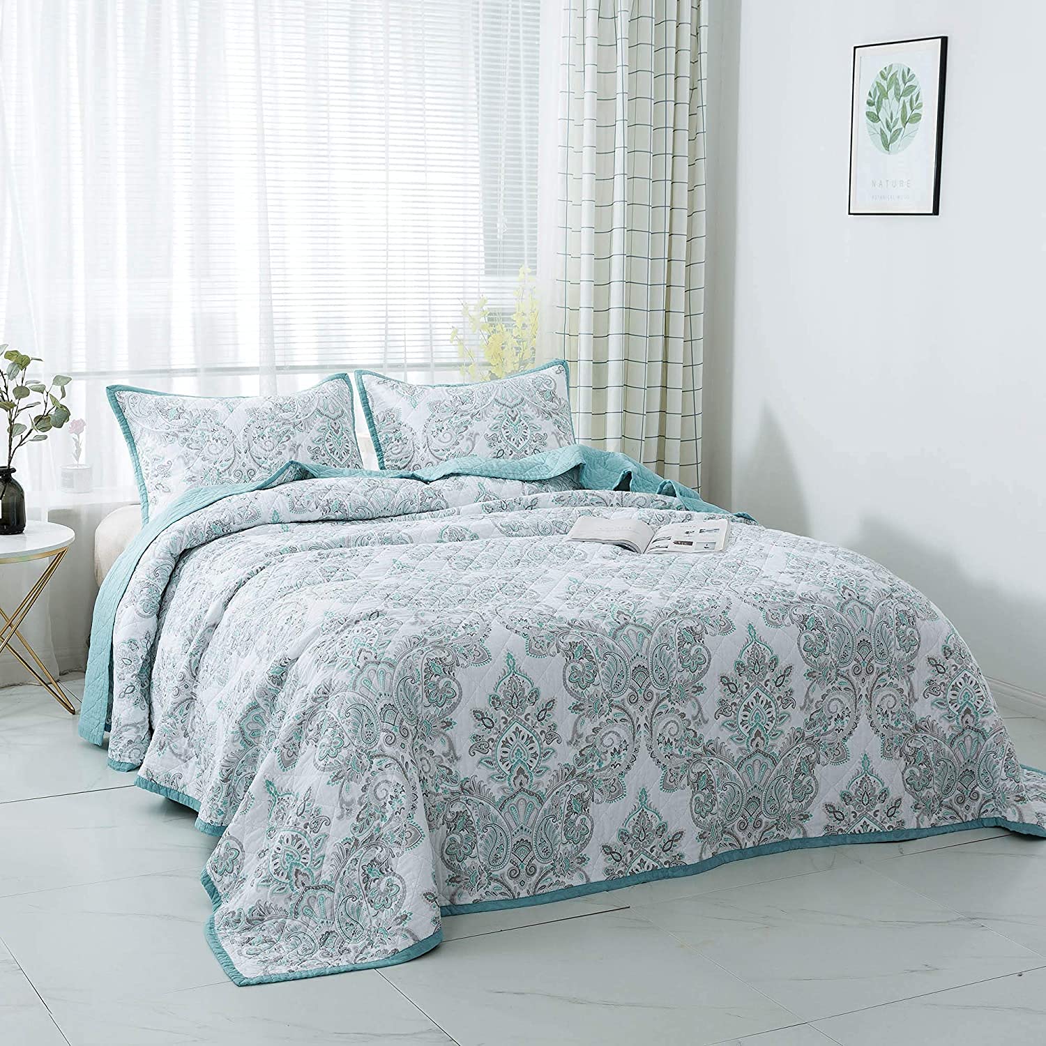KASENTEX Authentic 100% Cotton 3-Piece Oversized Twin XL Quilt Set Soft Bedspread Coverlet Sets (Blue Paisley, 80X106+20X26 X2)