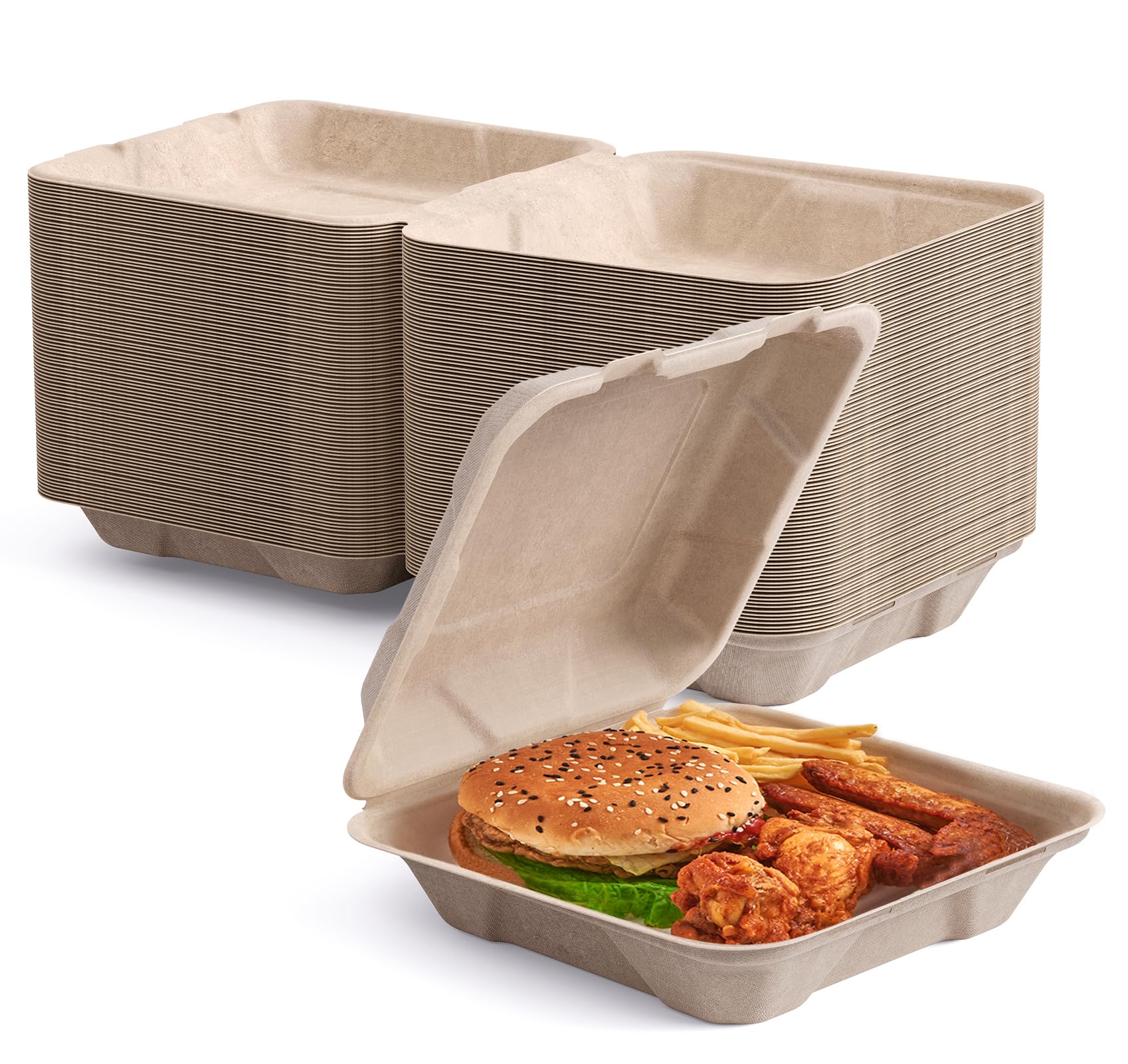ECOLipak 50 Pack Clamshell To Go Containers, 100% Compostable Disposable Take Out Food Containers, 8X8 inch Heavy-Duty To Go Boxes, Eco-Friendly Biodegradable To Go Containers For Food