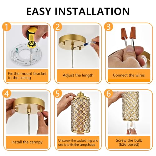 Niloah Gold Pendant Lights Kitchen Island, 1-Light Mini Single Gold Pendant Light, Adjustable Crystal Pendant Light, Kitchen Island Pendant Lighting