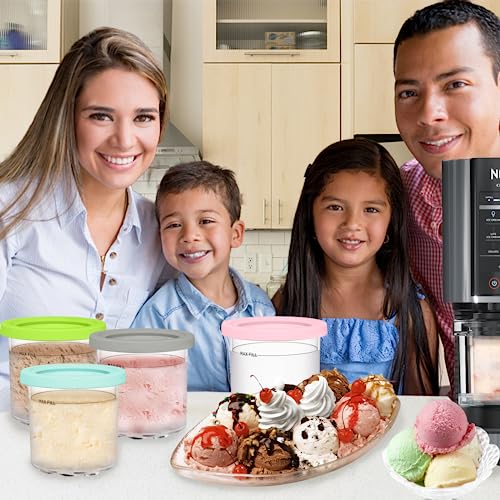 Fitchi Containers Replacement for Ninja Creami Pints and Lids - 2 Pack, 16oz Cups Compatible with NC300 & NC301 & NC299AMZ Series Ice Cream Maker, Leakproof, and Dishwasher Safe, Pink/Grey