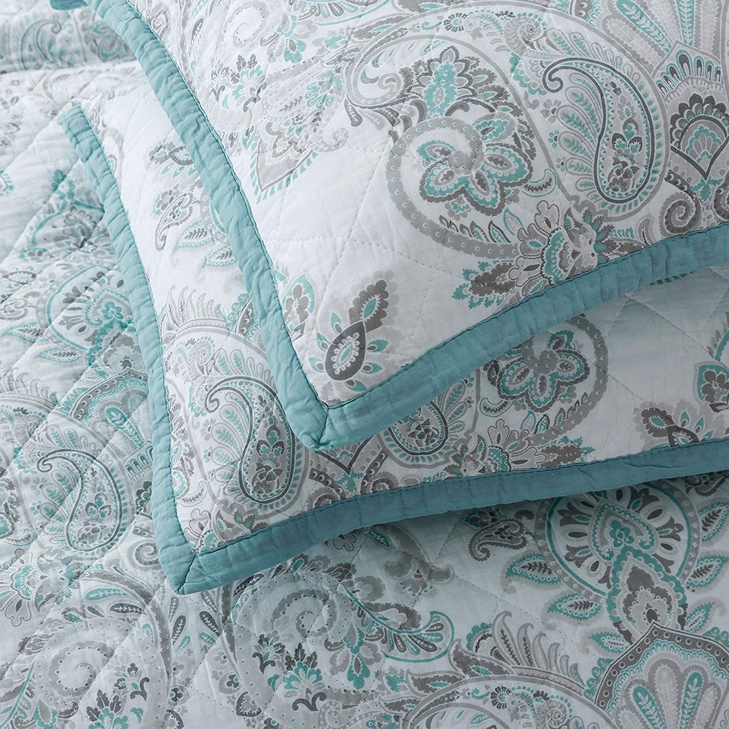 KASENTEX Authentic 100% Cotton 3-Piece Oversized Twin XL Quilt Set Soft Bedspread Coverlet Sets (Blue Paisley, 80X106+20X26 X2)