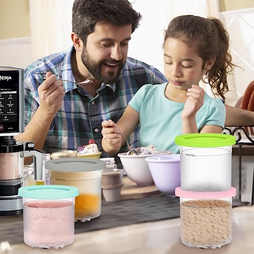 Fitchi Containers Replacement for Ninja Creami Pints and Lids - 2 Pack, 16oz Cups Compatible with NC300 & NC301 & NC299AMZ Series Ice Cream Maker, Leakproof, and Dishwasher Safe, Pink/Grey