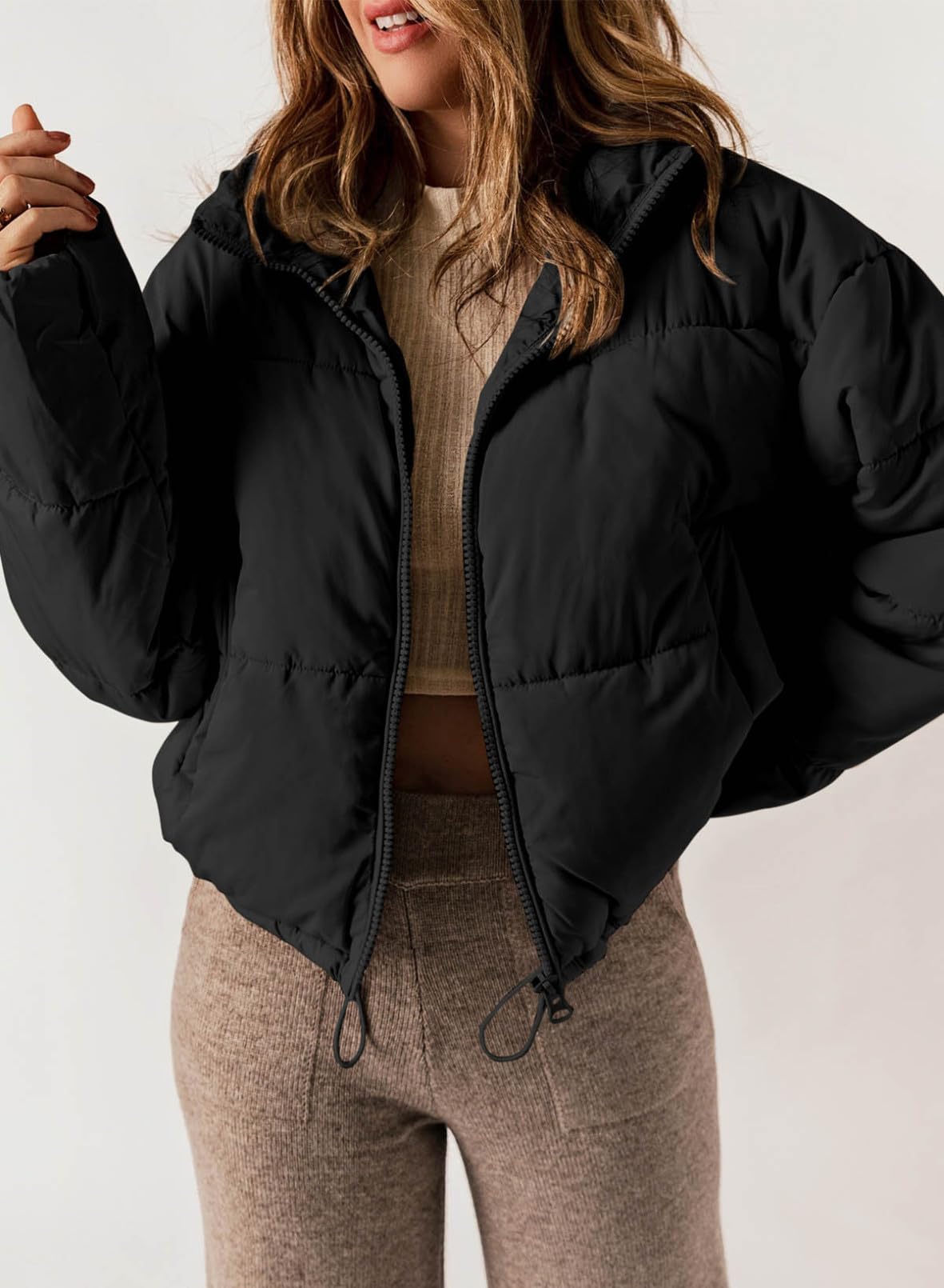 Dokotoo Puffer Jacket Womens Winter Casual Quilted Jackets Fashion Fall Full Zip Up Long Sleeve Drop Shoulder Oversized Stand Collar Padded Coats Baggy Warm Outerwear with Pockets Black X-Large