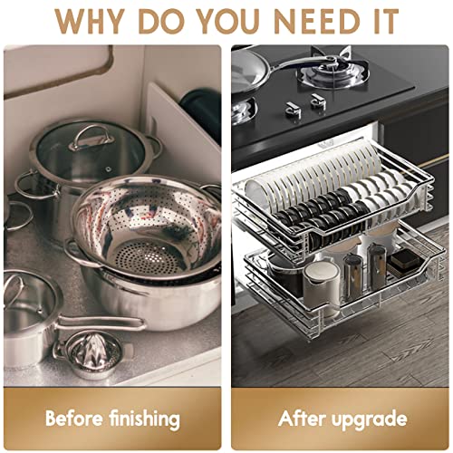 2 Tier Cabinet Pull Out Shelves 304 Stainless Steel Wire Basket Sliding Drawer for Cabinet Storage Shelves Heavy Duty Slide Out Pan Lid Cookware Organizer for Kitchen Cupboard Pantry (74(W)*46(D)*14(