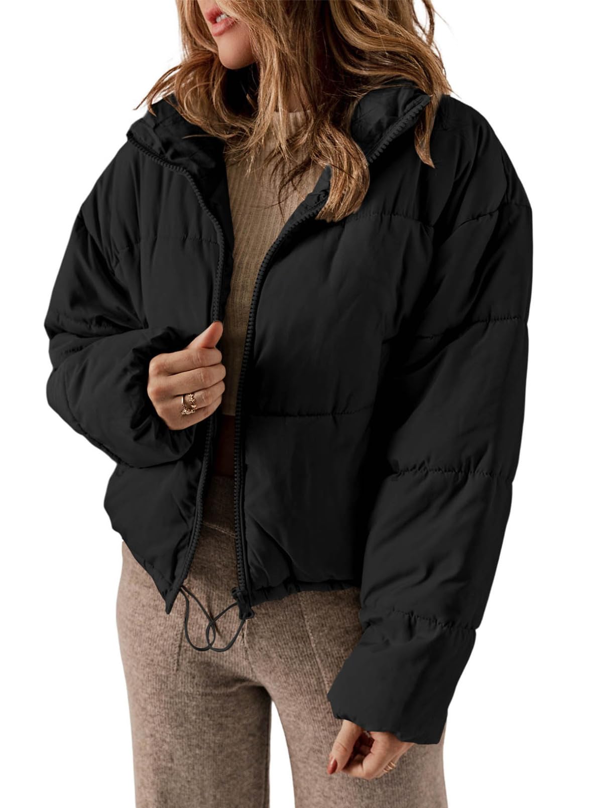 Dokotoo Puffer Jacket Womens Winter Casual Quilted Jackets Fashion Fall Full Zip Up Long Sleeve Drop Shoulder Oversized Stand Collar Padded Coats Baggy Warm Outerwear with Pockets Black X-Large