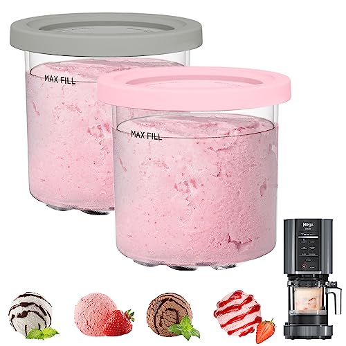 Fitchi Containers Replacement for Ninja Creami Pints and Lids - 2 Pack, 16oz Cups Compatible with NC300 & NC301 & NC299AMZ Series Ice Cream Maker, Leakproof, and Dishwasher Safe, Pink/Grey