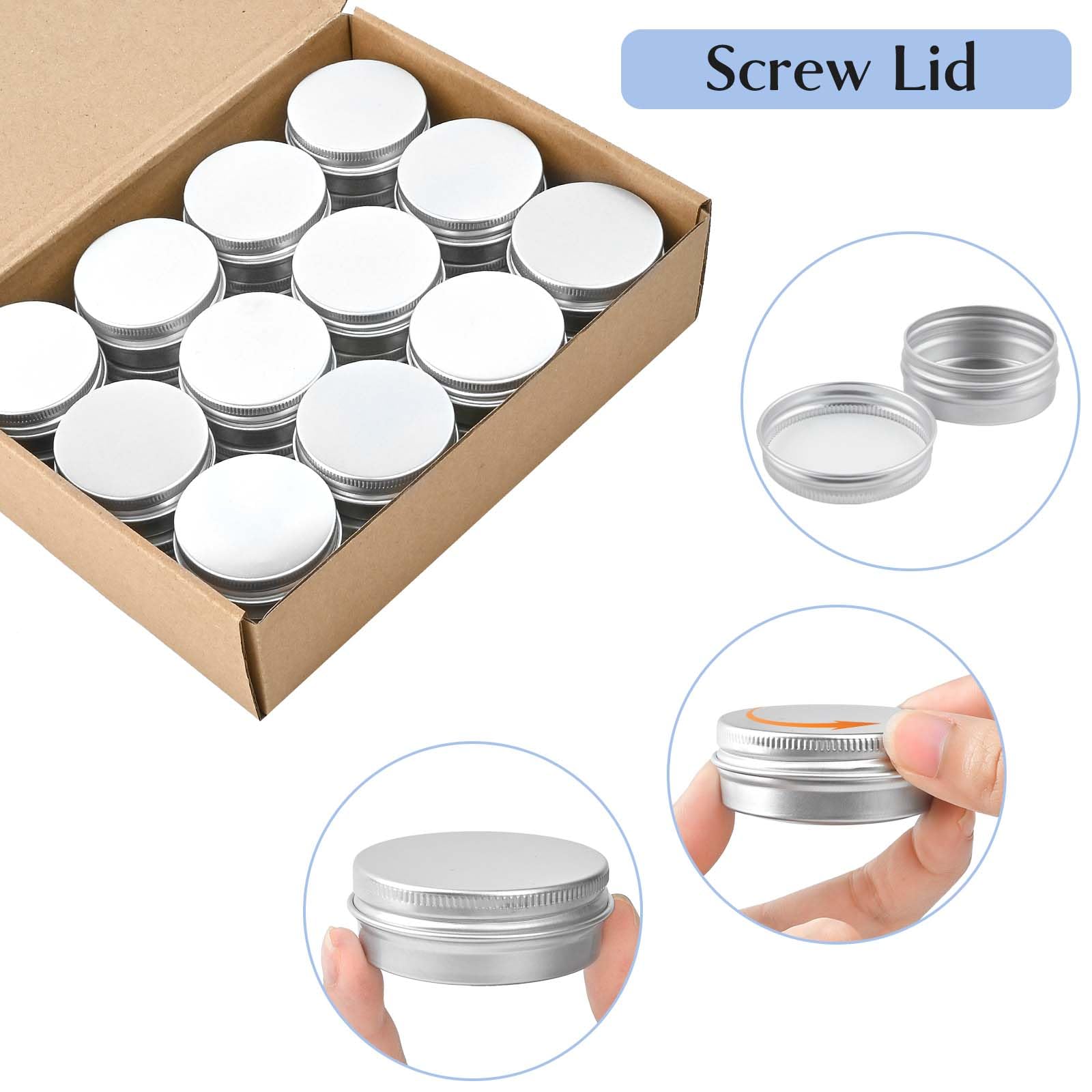 TUZAZO 24Pack 1 Oz Aluminum Tin Cans with Screw Lid and Labels, Refillable Travel Sized Cosmetic Containers Small Tins for Salves, Lotion Bars, Beard Balms, Candles