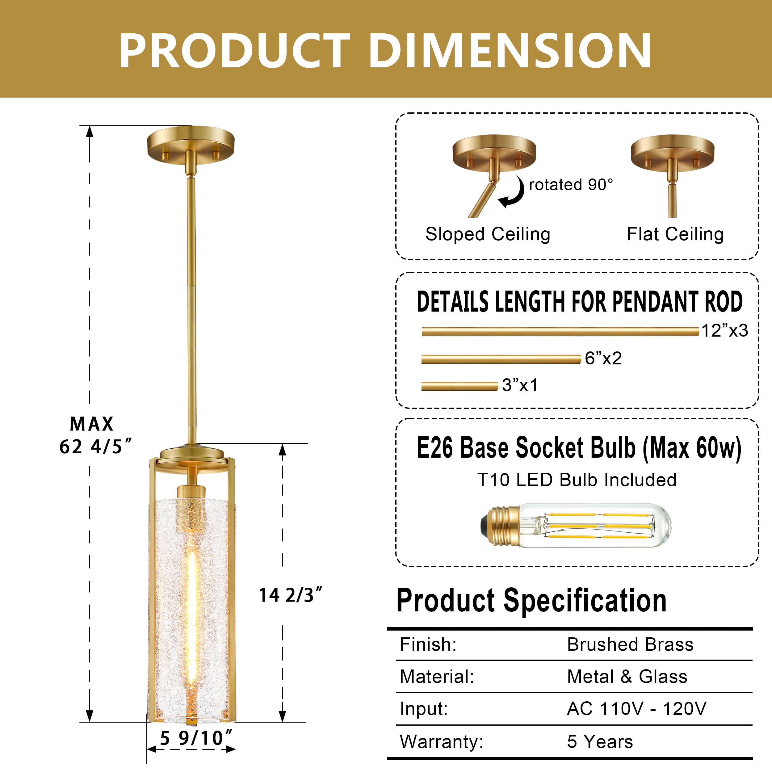Untrammelife Modern Gold Pendant Light, Crackle Glass Shade Hanging Pendant Light Fixture 14" Single Brushed Brass Ceiling Chandelier for Kitchen Island,Dining Room,Bathroom, T10 LED Bulb Included