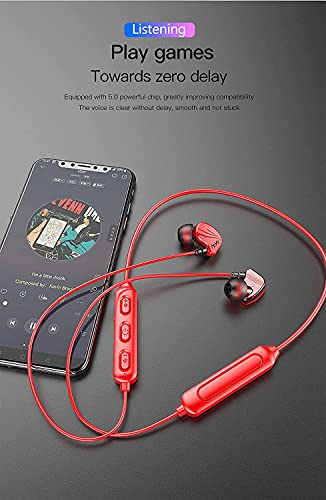 Wireless Stereo Earbuds – Neck Hanging Type Sports,HiFi Bass Stereo Running Headphones,Bluetooth 5.0,Call Function, Voice Control, Power Display,12 Hours Play Time, Built-in Microphone (Black) (RED)