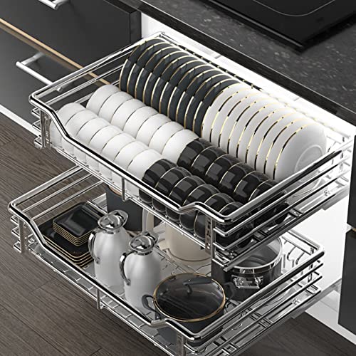 2 Tier Cabinet Pull Out Shelves 304 Stainless Steel Wire Basket Sliding Drawer for Cabinet Storage Shelves Heavy Duty Slide Out Pan Lid Cookware Organizer for Kitchen Cupboard Pantry (74(W)*46(D)*14(