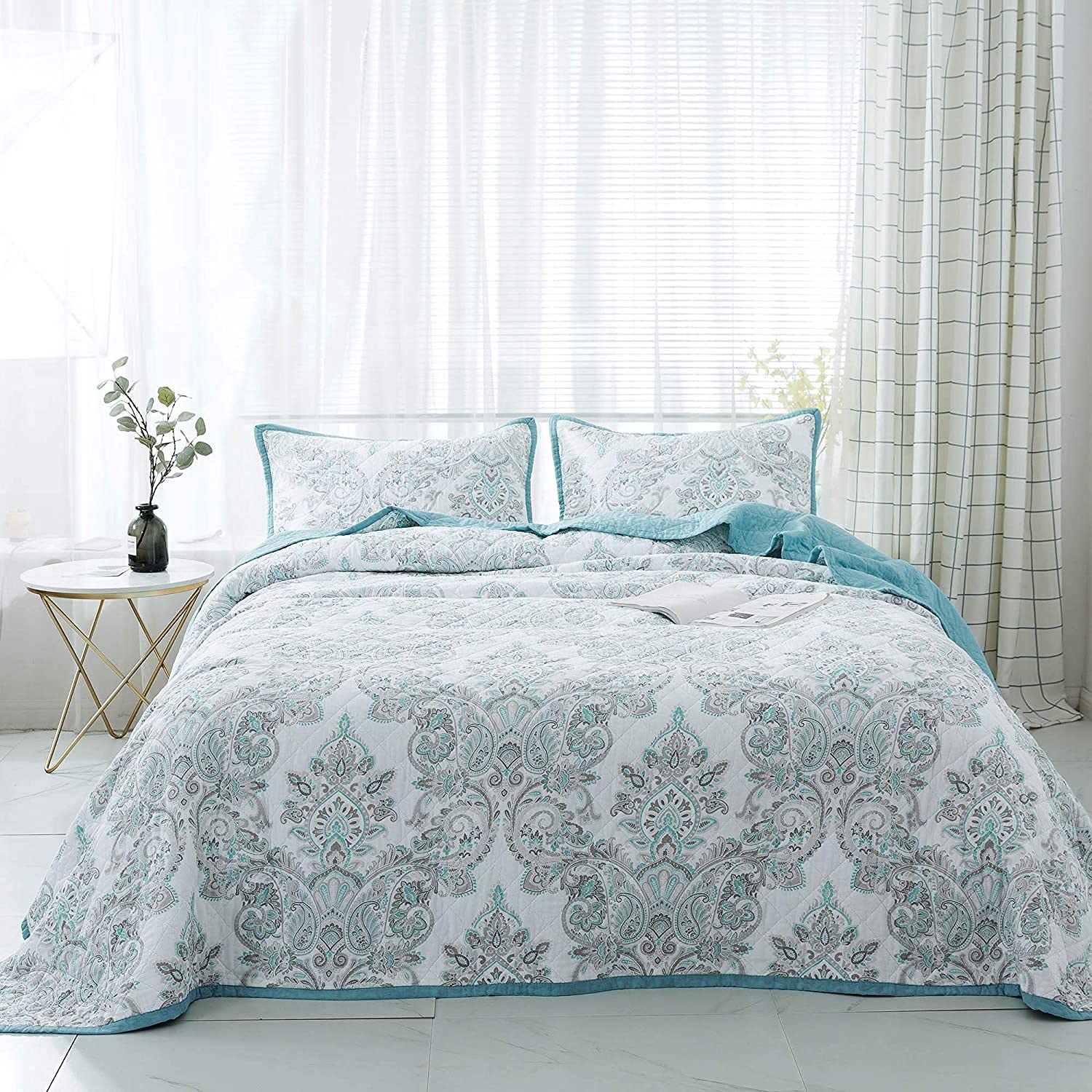 KASENTEX Authentic 100% Cotton 3-Piece Oversized Twin XL Quilt Set Soft Bedspread Coverlet Sets (Blue Paisley, 80X106+20X26 X2)