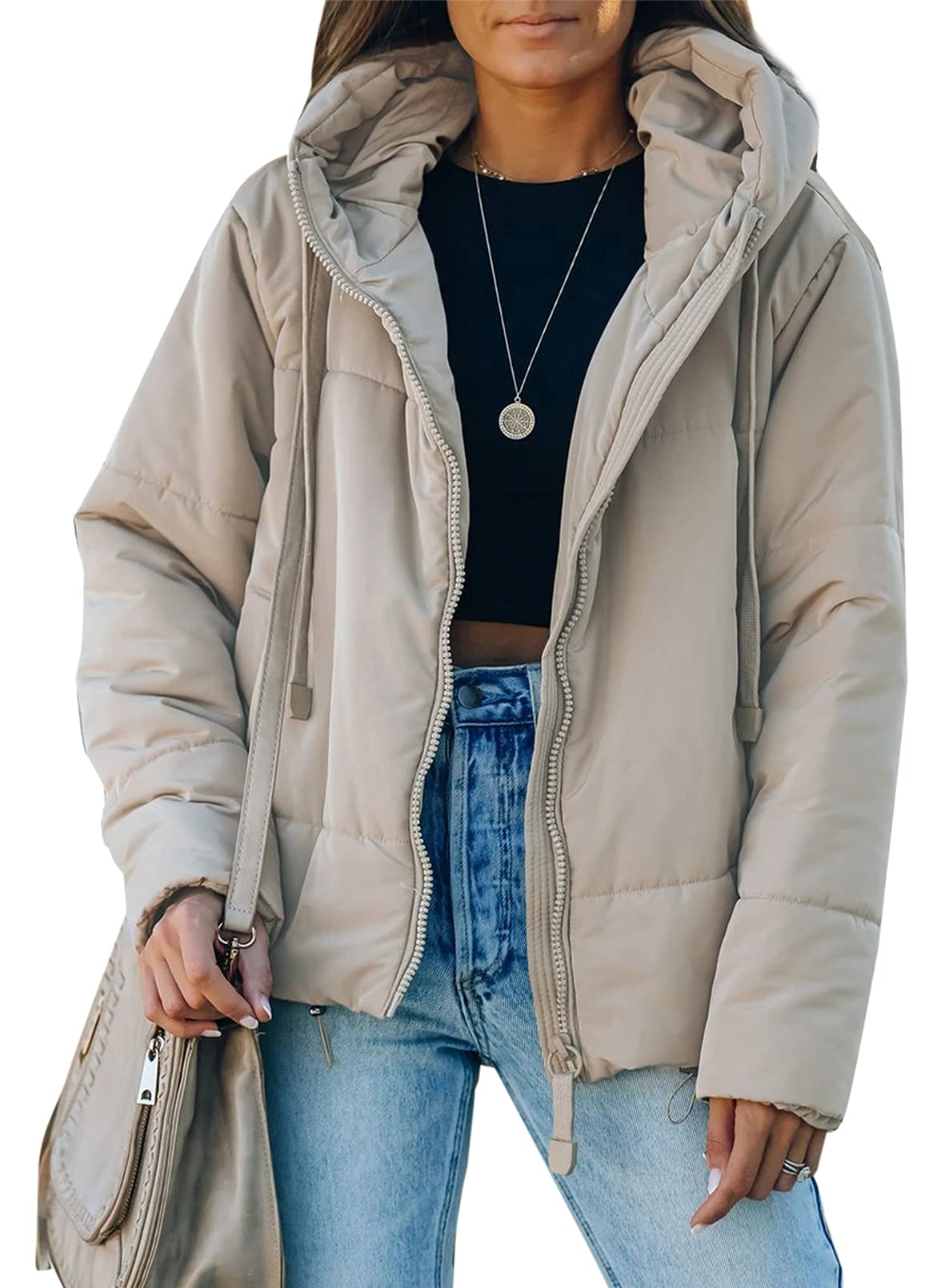 Dokotoo Womens Oversized Fashion Windbreaker Winter Autumn Full Zipper Front Drawstring Hooded Bomber Puffer Jacket Baggy Short Coats for Women Warm Comfy Soft Outerwear with Pockets Beige XL