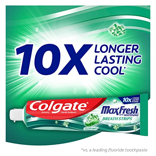 Colgate Max Fresh Toothpaste, Whitening Toothpaste with Mini Breath Strips, Clean Mint Toothpaste for Bad Breath, Helps Fight Cavities, Whitens Teeth, and Freshens Breath, 4 Pack, 6.3 Oz Tubes