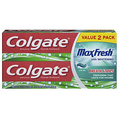 Colgate Max Fresh Whitening Toothpaste with Mini Breath Strips, Clean Mint - 6 ounce (2 Pack)
