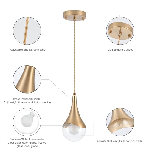 Dijiahua Gold Pendant Lights Kitchen Island 3 Pack, Modern Brass Raindrop Pendant Light Fixture Set of 3 with Clear Glass Globe,Mini Teardrop Chandelier,Adjustable Cord Hanging Lighting for Sink