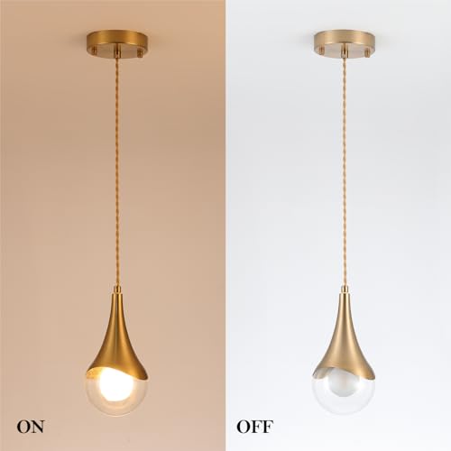 Dijiahua Gold Pendant Lights Kitchen Island 3 Pack, Modern Brass Raindrop Pendant Light Fixture Set of 3 with Clear Glass Globe,Mini Teardrop Chandelier,Adjustable Cord Hanging Lighting for Sink