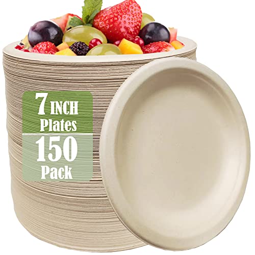 smilixin 150 Pack Paper Plates,100% Compostable 7 inch Paper Plates,Disposable Plates,Biodegradable Plates Made of Sugarcane Fiber,Heavy-Duty Paper Plates for Daily Meals Party Dinner (7 Inch)