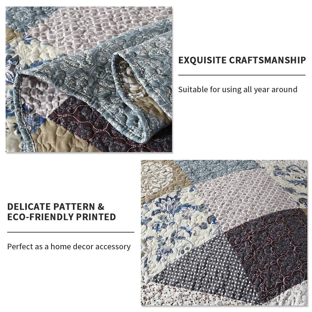 Travan 3-Piece Queen Quilt Set Quilted Bedspread Oversized Microfiber Lightweight Coverlet Set with Shams Reversible Printed Coverlet Bedding Set for All Season, Slate Blue, Queen Size