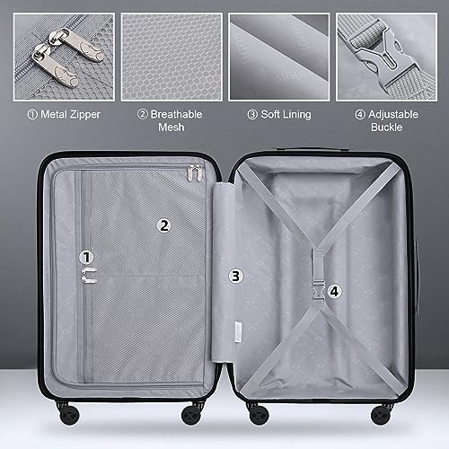 MGOB Checked Luggage 24 inch - Hard Shell Suitcase with Spinner Wheels, Lightweight PC Luggage with TSA Lock(Black, Checked-Medium 24-Inch