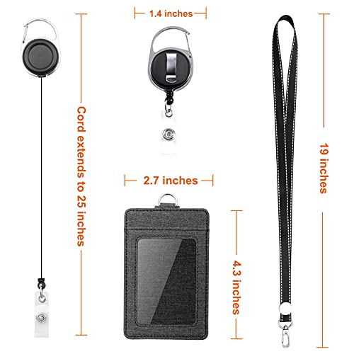 Life-Mate Badge Holder - Leather ID Card Holder Wallet Case with 3 Cards Slot and Neck Lanyard/Strap. Additional Retractable Badge Reel with Belt Clip (Black, Linen Finish)