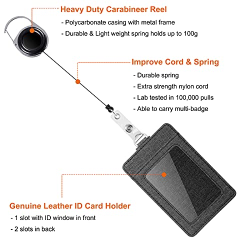Life-Mate Badge Holder - Leather ID Card Holder Wallet Case with 3 Cards Slot and Neck Lanyard/Strap. Additional Retractable Badge Reel with Belt Clip (Black, Linen Finish)