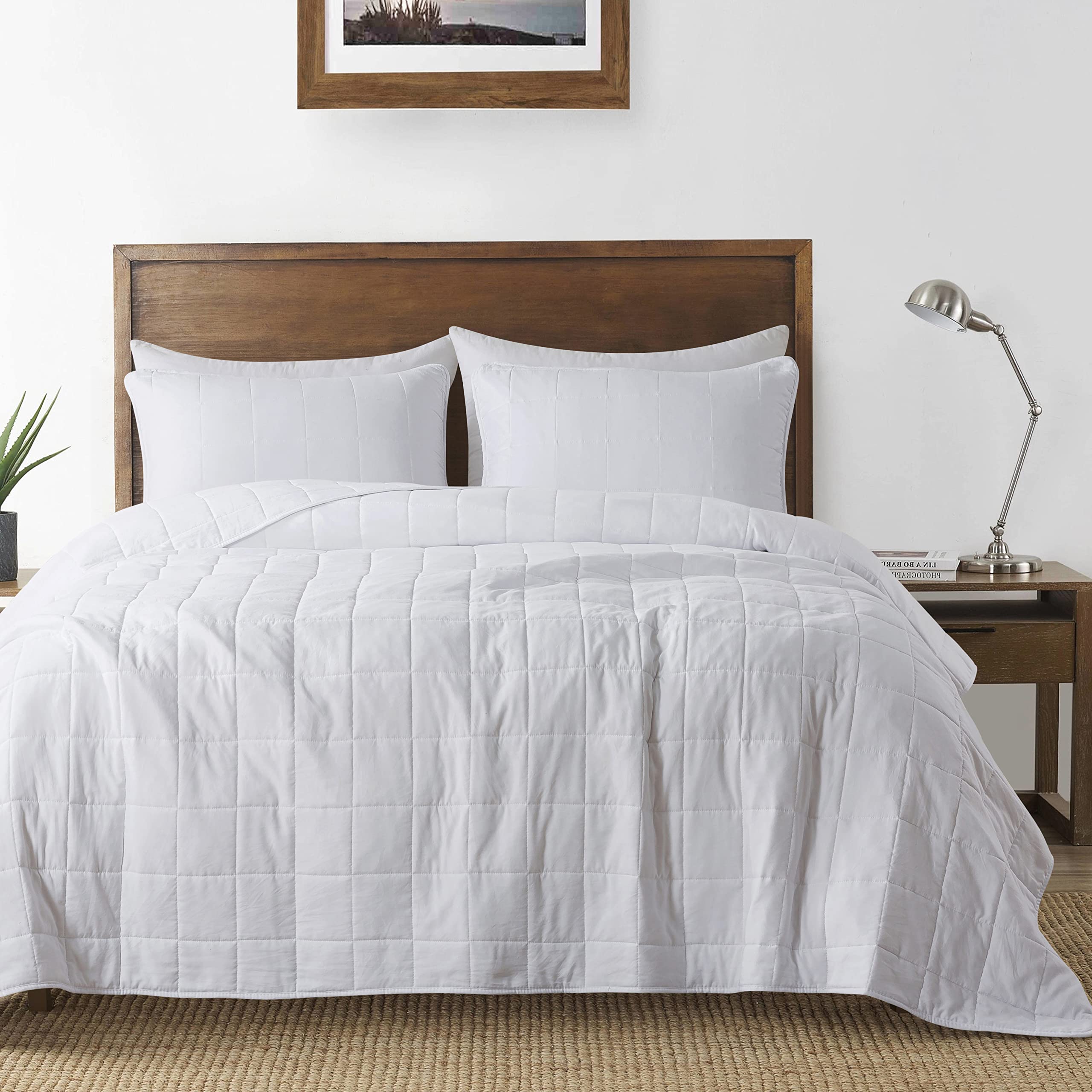 B2EVER White Quilt Queen Size Bedding Sets with Pillow Shams, Lightweight Soft Bedspread Coverlet, Quilted Blanket Thin Comforter Bed Cover for All Season Spring Summer, 3 Pieces, 90x90 inches