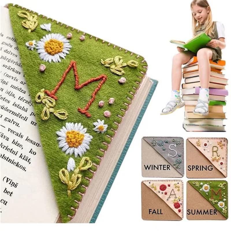 4 Packs Personalized Hand Embroidered Bookmarks, Hand Stitched Felt Corner Letter Bookmark for Book Lovers, Cute Flower Letter Embroidery in All Seasons