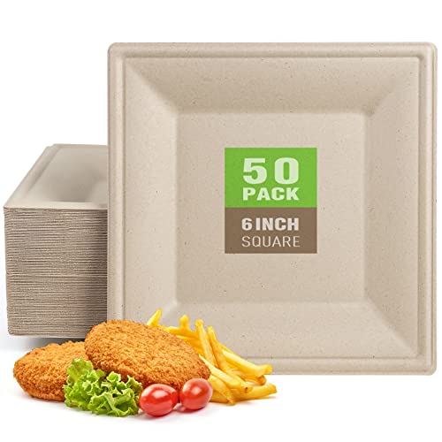 Gezond Compostable Square Plates 6 Inch 50 Pack Disposable Paper Plates Sugarcane Cake Plates for Party Unbleached Eco-friendly Salad Plates
