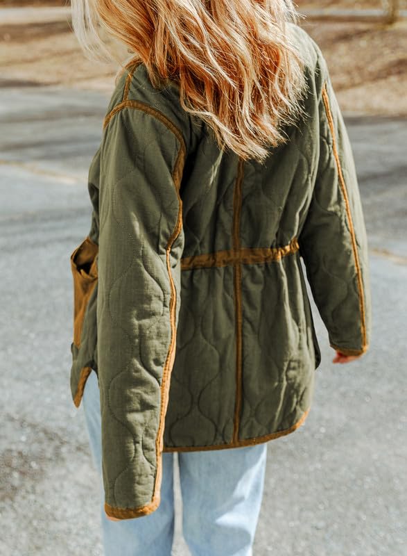 Dokotoo Fall Autumn Winter Coats for Women Zip Up Collar Long Sleeve Drawstring Side Split Contrast Color Block Loose Fit Fashion 2023 Casual Warm Quilted Bomber Puffer Down Jackets Olive Green Large