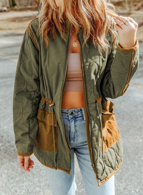Dokotoo Fall Autumn Winter Coats for Women Zip Up Collar Long Sleeve Drawstring Side Split Contrast Color Block Loose Fit Fashion 2023 Casual Warm Quilted Bomber Puffer Down Jackets Olive Green Large