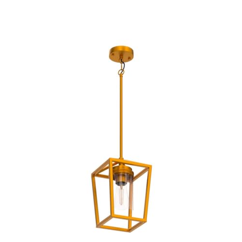 SGLfarmty 1-Light Gold Pendant Light, Farmhouse Cage Pendant Lighting Fixture for Kitchen Island, Lantern Pendant Lights Brass Finish with Glass, Modern Geometric Hanging Light for Foyer, Entryway