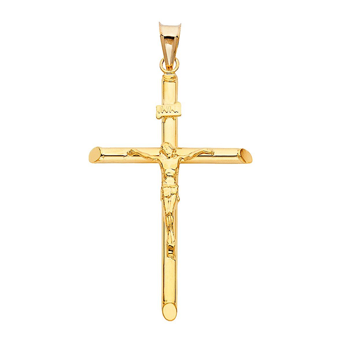 14K Yellow Gold Jesus Engraved Cross Pendant - Crucifix Charm Polish Finish - Handmade Spiritual Symbol - Gold Stamped Fine Jewelry - Great Gift for Men & Women, 42 x 28 mm, 1.6 gms