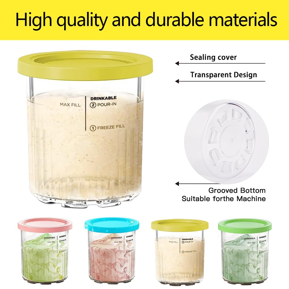Replacement Pints and Lids for Ninja Creami, Compatible with Ninja NC501 NC500 Series, 24 oz Creami Pint Containers with Leak Proof Lids (blue, yellow) (2pcs)