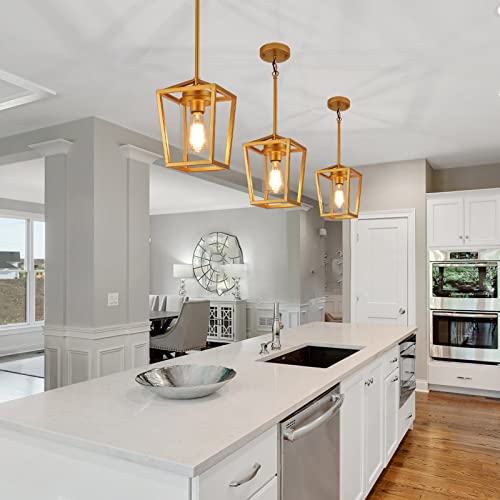SGLfarmty 1-Light Gold Pendant Light, Farmhouse Cage Pendant Lighting Fixture for Kitchen Island, Lantern Pendant Lights Brass Finish with Glass, Modern Geometric Hanging Light for Foyer, Entryway