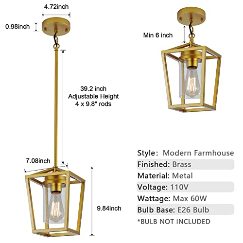 SGLfarmty 1-Light Gold Pendant Light, Farmhouse Cage Pendant Lighting Fixture for Kitchen Island, Lantern Pendant Lights Brass Finish with Glass, Modern Geometric Hanging Light for Foyer, Entryway