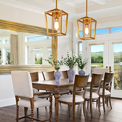 SGLfarmty 1-Light Gold Pendant Light, Farmhouse Cage Pendant Lighting Fixture for Kitchen Island, Lantern Pendant Lights Brass Finish with Glass, Modern Geometric Hanging Light for Foyer, Entryway
