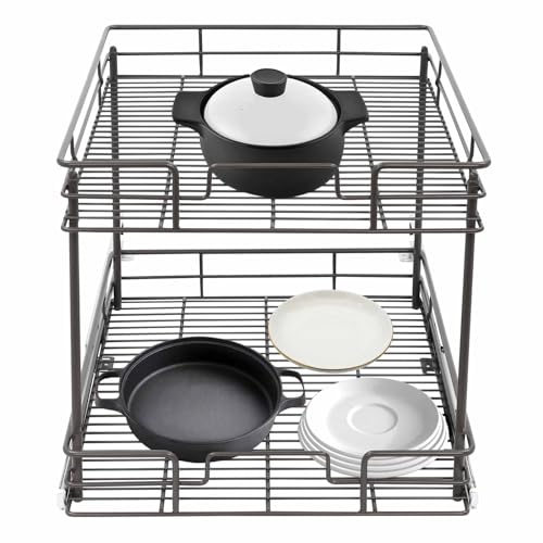 YETINGSHOP Version Pull Out Cabinet Organizer for Base Cabinet, Kitchen Cabinet Organizer and Storage 2-Tier Cabinet Pull Out Shelves Under Cabinet Storage for Kitchen (Gray, 16.5" W X 21.5" D)