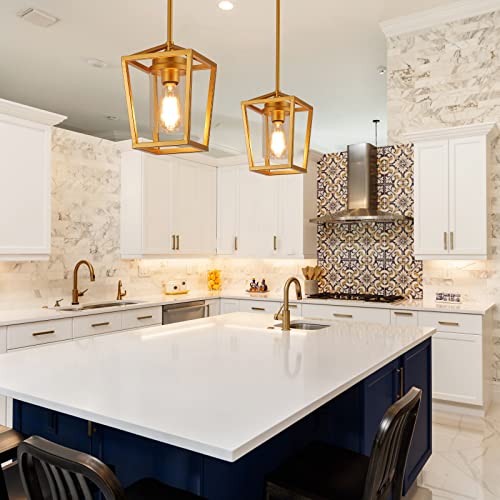 SGLfarmty 1-Light Gold Pendant Light, Farmhouse Cage Pendant Lighting Fixture for Kitchen Island, Lantern Pendant Lights Brass Finish with Glass, Modern Geometric Hanging Light for Foyer, Entryway