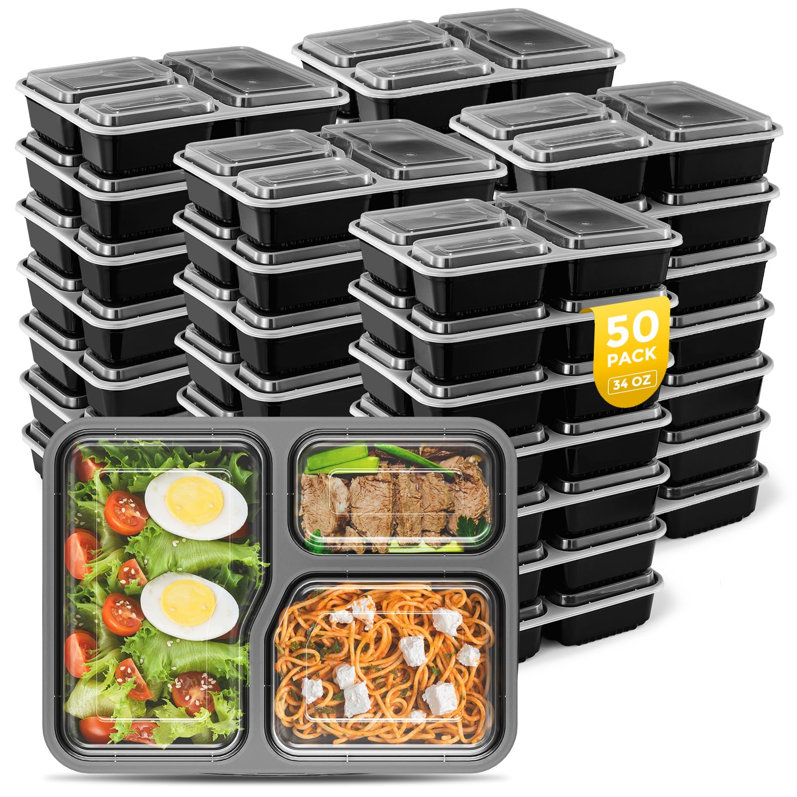 Meal Prep Containers Reusable【3 Compartment 34oz】50 Pack Food Prep Containers with Lids, Disposable To Go Containers, Plastic Food Storage Containers with Lids For Lunch/Deli/Takeout/Leftover