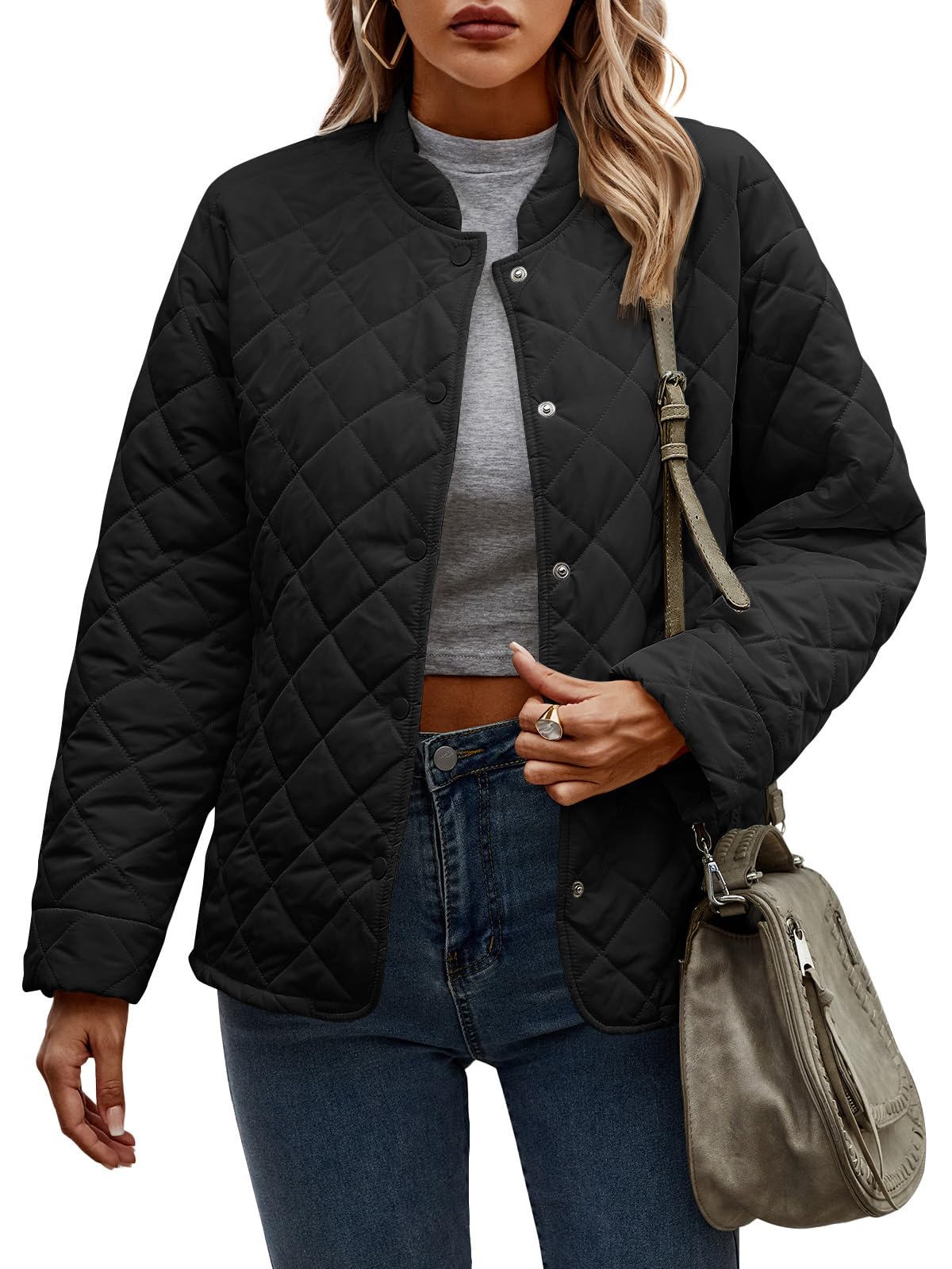 AUTOMET Womens Quilted Jackets Long Sleeve Button Down Bomber Jackets with Pockets Casual Winter Lounge Cotton Wear