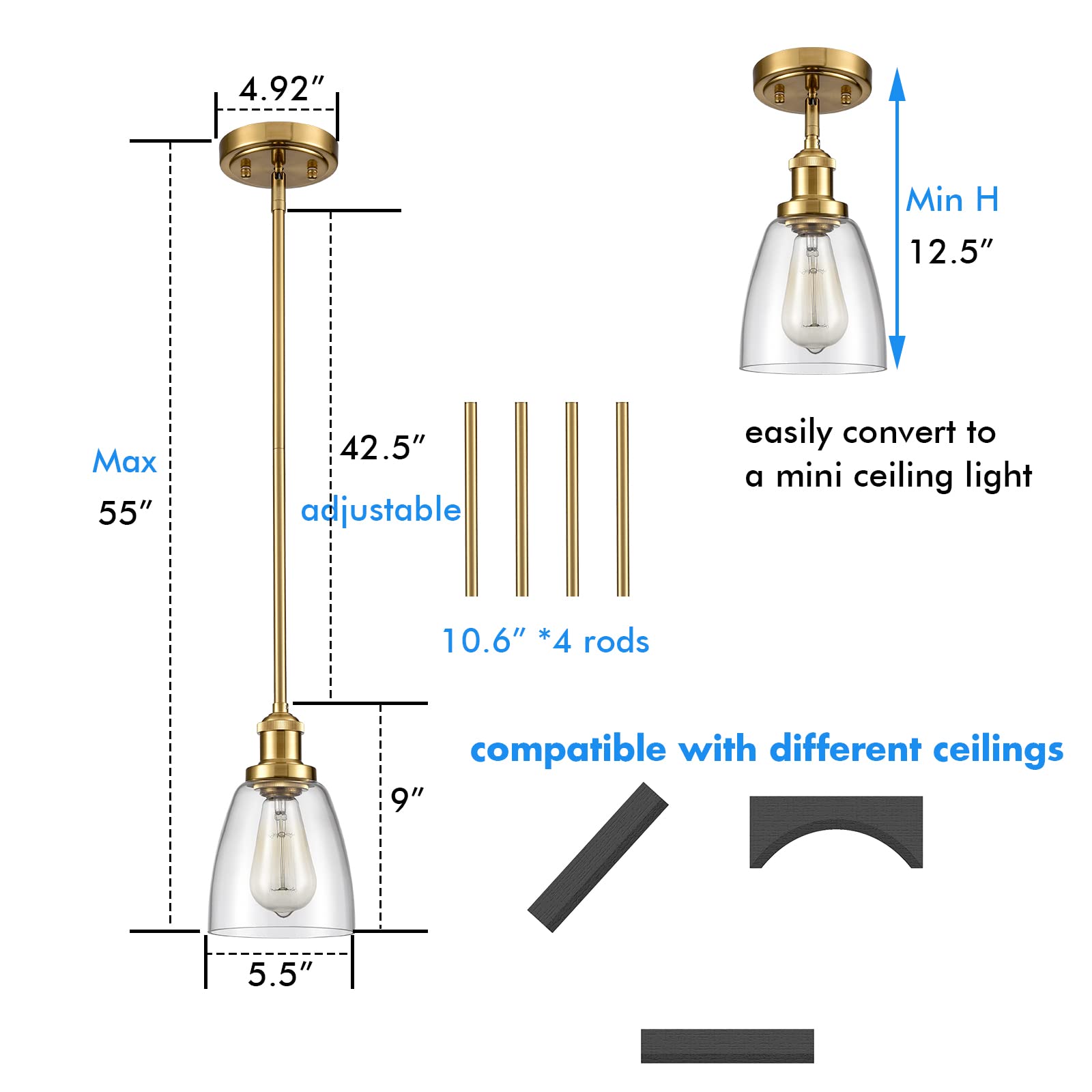 CLAXY Glass Pendant Lights Kitchen Island Mini Pendant Lighting Bell Shade Adjustable Rod Hanging Pendant Light Fixture Gold