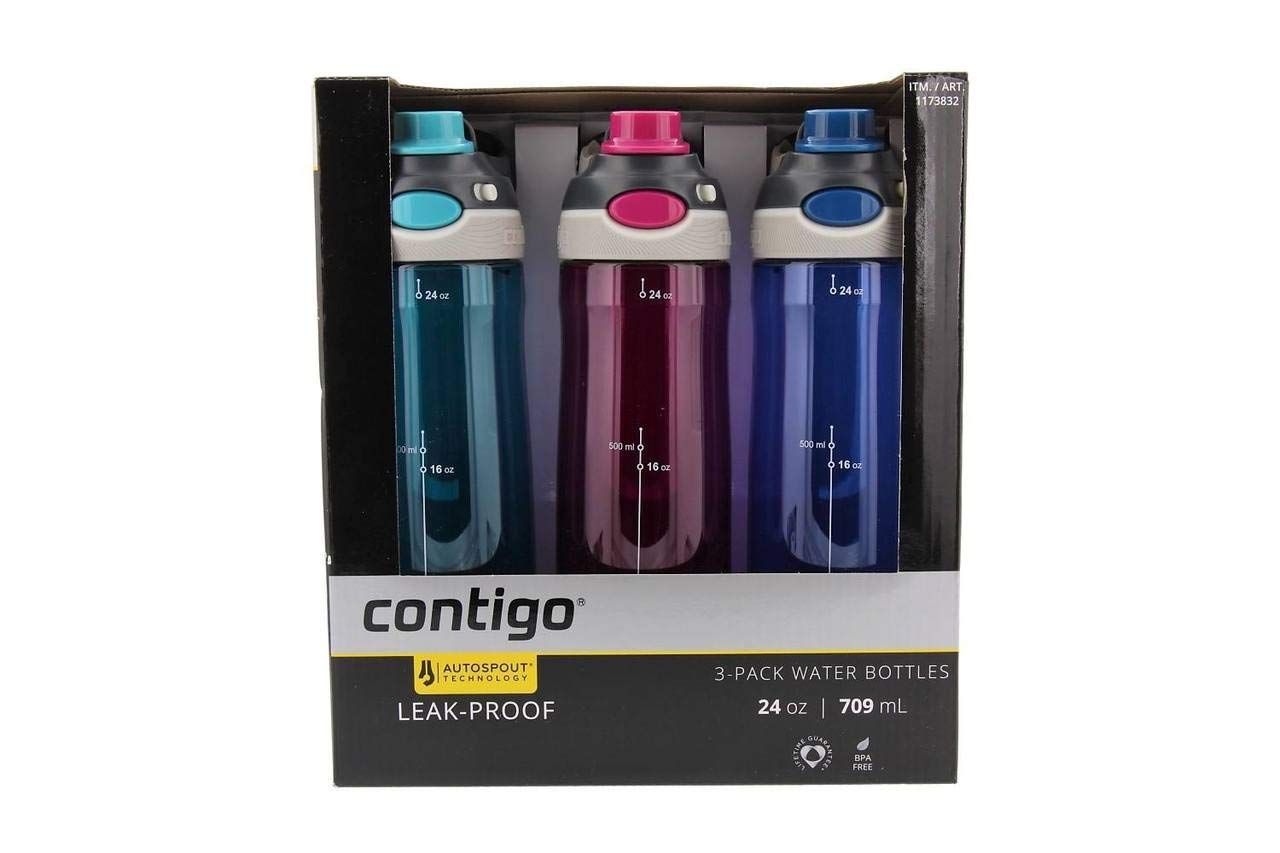 Contigo AUTOSPOUT Chug Leak-Proof Water Bottles 24oz, 3 Pack (Turquoise, Pink, Blue)