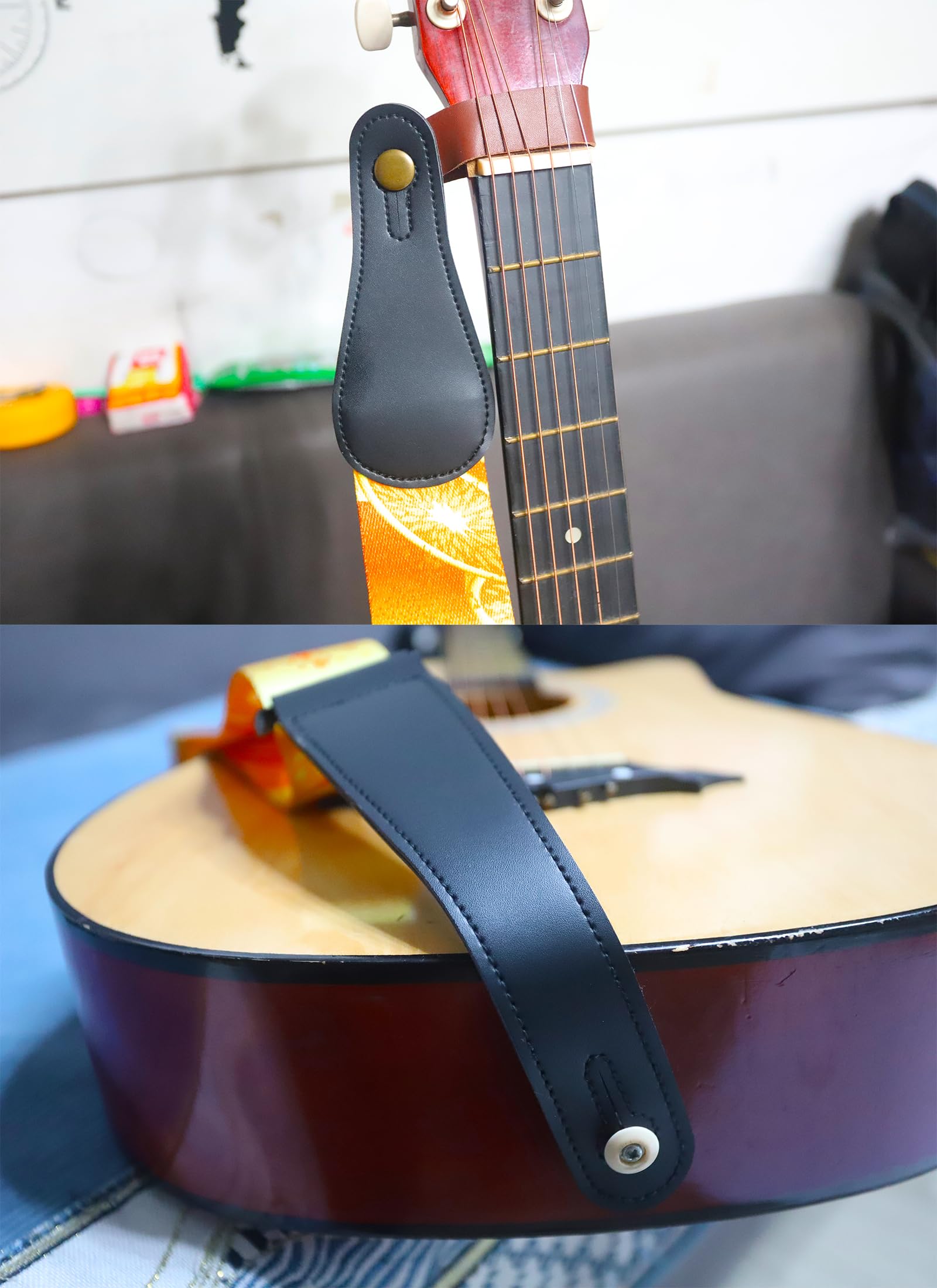 RAUYIVANY Guitar Strap - Polyester Material And Long Leather With 1 Strap Locks 2 Button 3 Guitar Picks, Length 41-61 In,for Bass Electric Acoustic Guitar - Guitarist Gifts