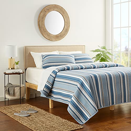 Stone Cottage Fresno Collection Quilt Set-100% Cotton, Reversible, Medium Weight Bedding with Matching Shams, Queen, Blue