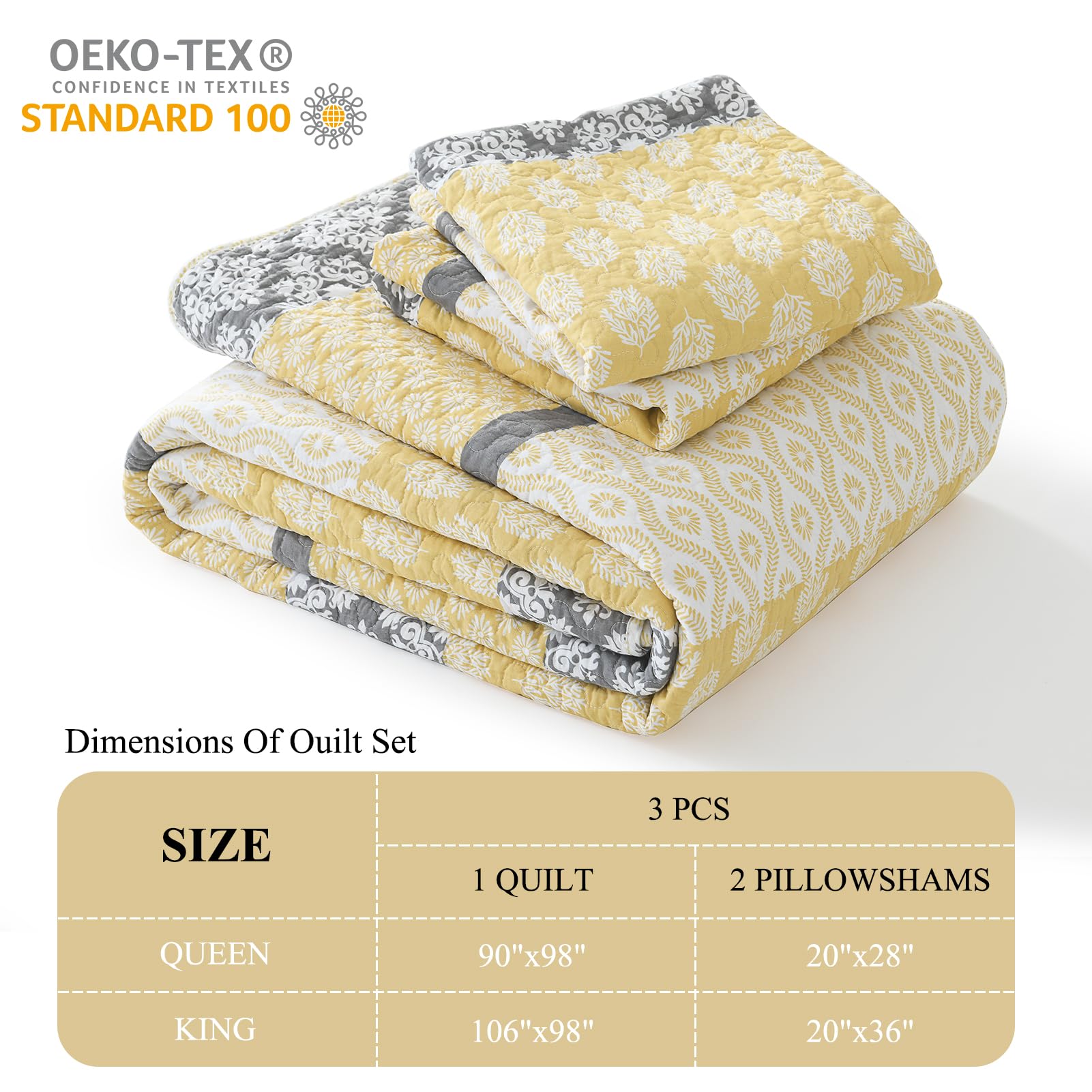 DDUOXIN Floral Quilts King Size - 100% Cotton Reversible King Quilt with 2 Pillow Shams, Farmhouse Soft Bedspreads Lightweight King Quilt Bedding Set, Yellow/Grey, King