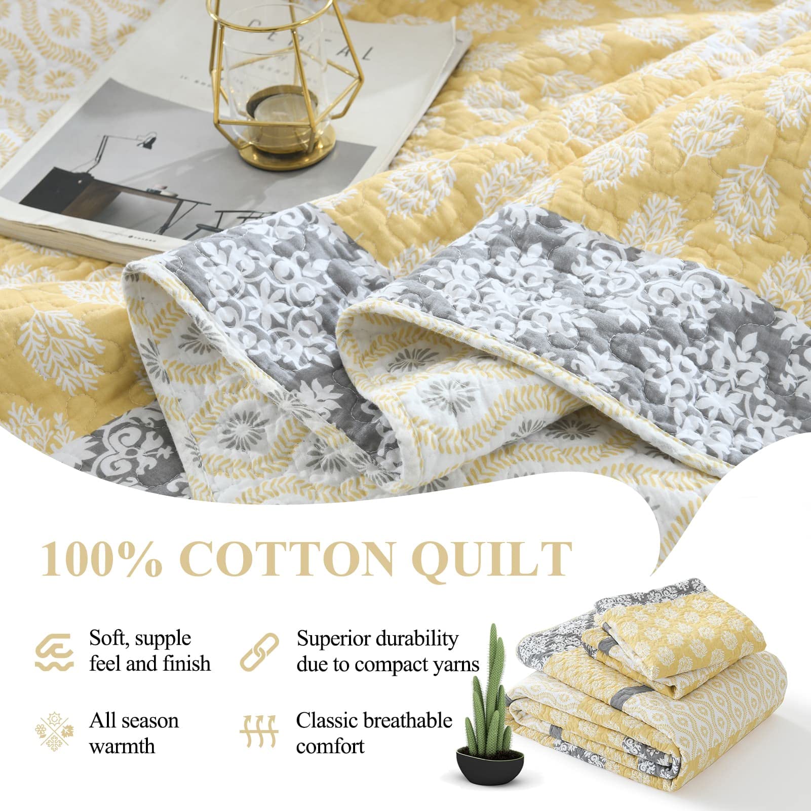 DDUOXIN Floral Quilts King Size - 100% Cotton Reversible King Quilt with 2 Pillow Shams, Farmhouse Soft Bedspreads Lightweight King Quilt Bedding Set, Yellow/Grey, King