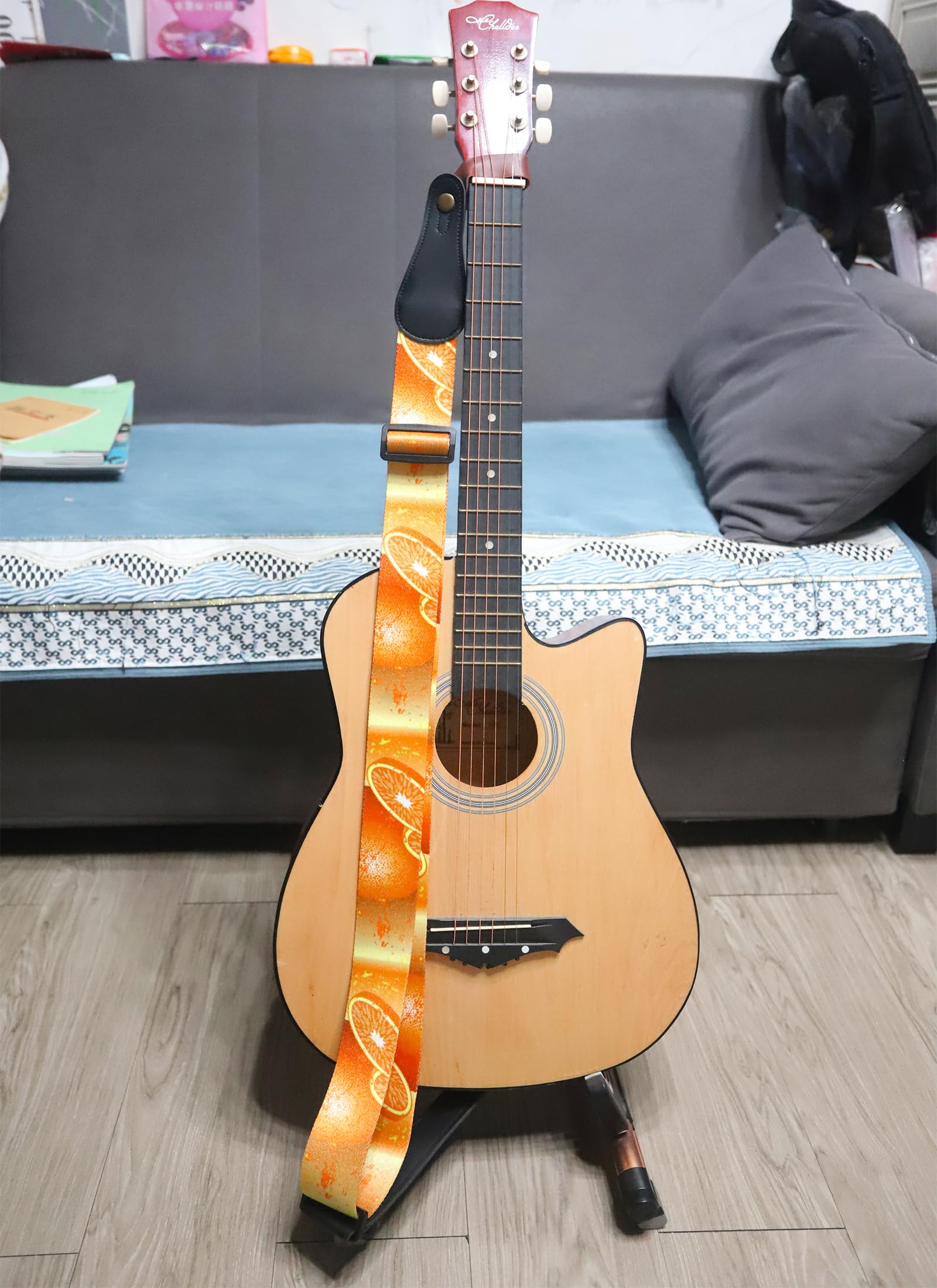 RAUYIVANY Guitar Strap - Polyester Material And Long Leather With 1 Strap Locks 2 Button 3 Guitar Picks, Length 41-61 In,for Bass Electric Acoustic Guitar - Guitarist Gifts