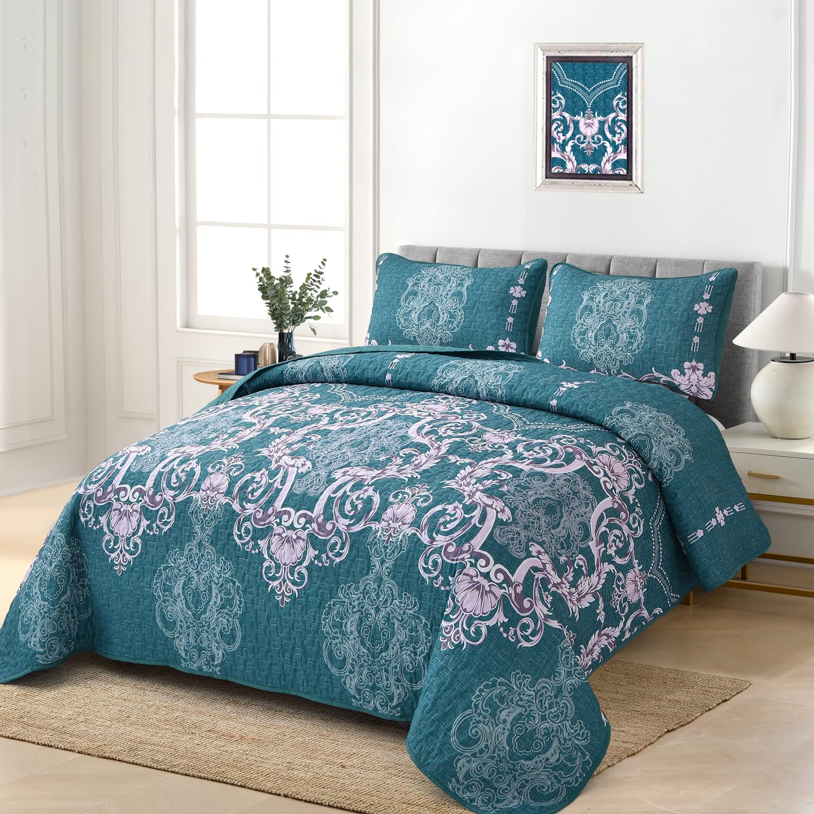 Dobuyly Teal Quilt Set Queen Size, 3 Pieces Boho Damask Green Bedspread Coverlet Set with 2 Pillowcases, Soft Lightweight Microfiber Luxury Quilt Bedding Set for All Season 96"x90"