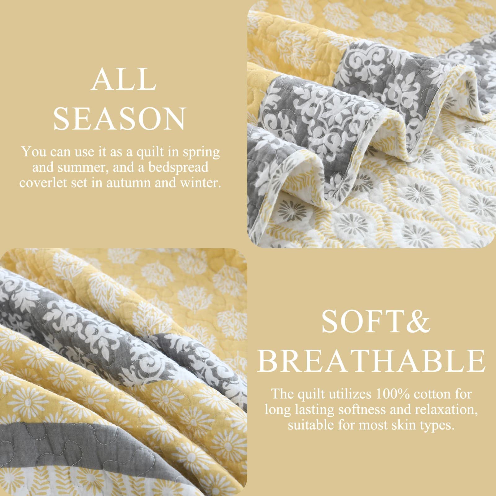 DDUOXIN Floral Quilts King Size - 100% Cotton Reversible King Quilt with 2 Pillow Shams, Farmhouse Soft Bedspreads Lightweight King Quilt Bedding Set, Yellow/Grey, King