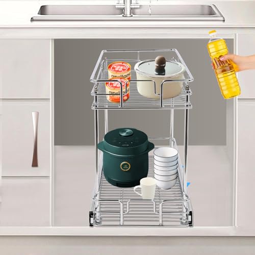 GDAE10 Heavy Duty Cabinet Pull Out Shelves, 2-Tier Pull Out Cabinet Organizer, Silver Slide Out Cabinet Organizer Storage for Home Kitchen